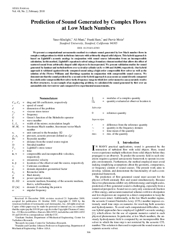 (PDF) Prediction of sound generated by complex flows at low Mach number regimes
