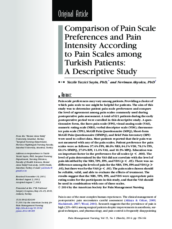 (PDF) Comparison of Pain Scale Preferences and Pain Intensity According ...