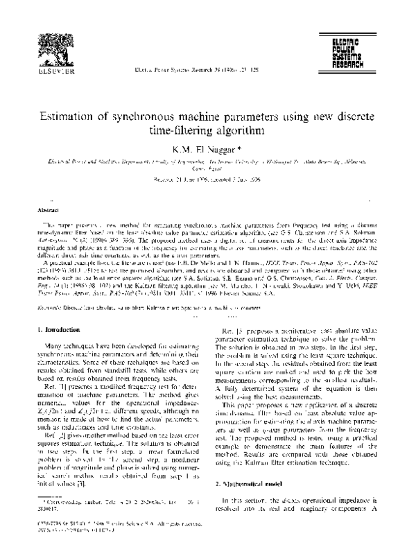 (PDF) Estimation of synchronous machine parameters using new discrete time-filtering algorithm