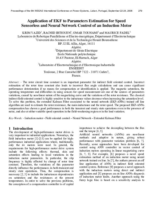 Pdf Application Of Ekf To Parameters Estimation For Speed Sensorless Vector Control Of Two