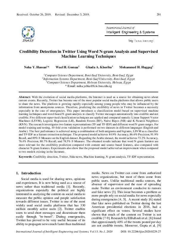 Pdf Credibility Detection In Twitter Using Word N Gram Analysis And Supervised Machine