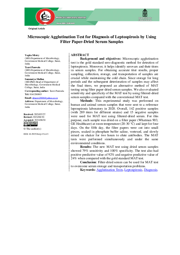 (PDF) Microscopic Agglutination Test for Diagnosis of Leptospirosis by ...