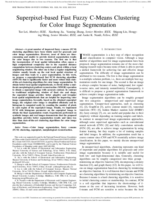 (PDF) Superpixel-based Fast Fuzzy C-Means Clustering for Color Image Segmentation