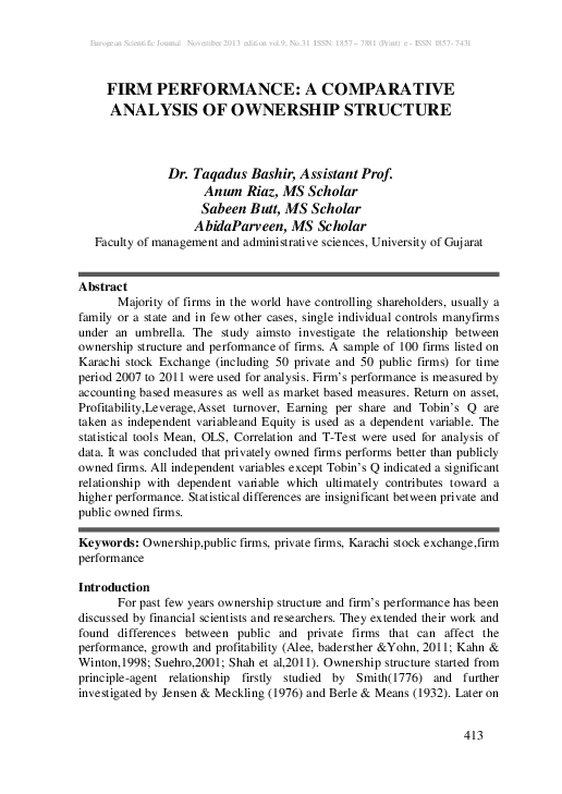 (PDF) Firm Performance: A Comparative Analysis of Ownership Structure