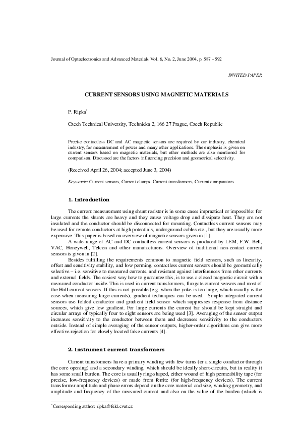 (PDF) Current sensors using magnetic materials | Pavel Ripka - Academia.edu