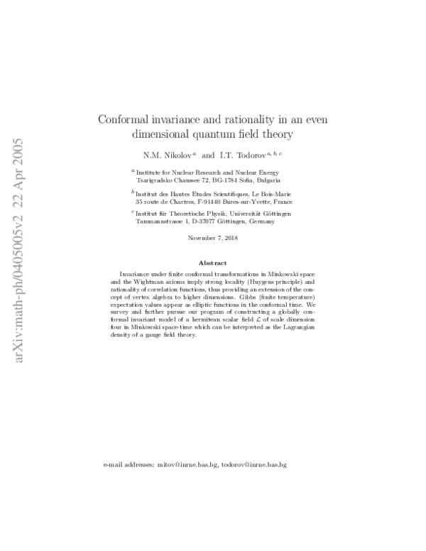 (PDF) Conformal invariance and rationality in an even dimensional ...
