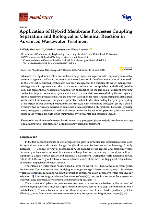 (PDF) Application of Hybrid Membrane Processes Coupling Separation and ...