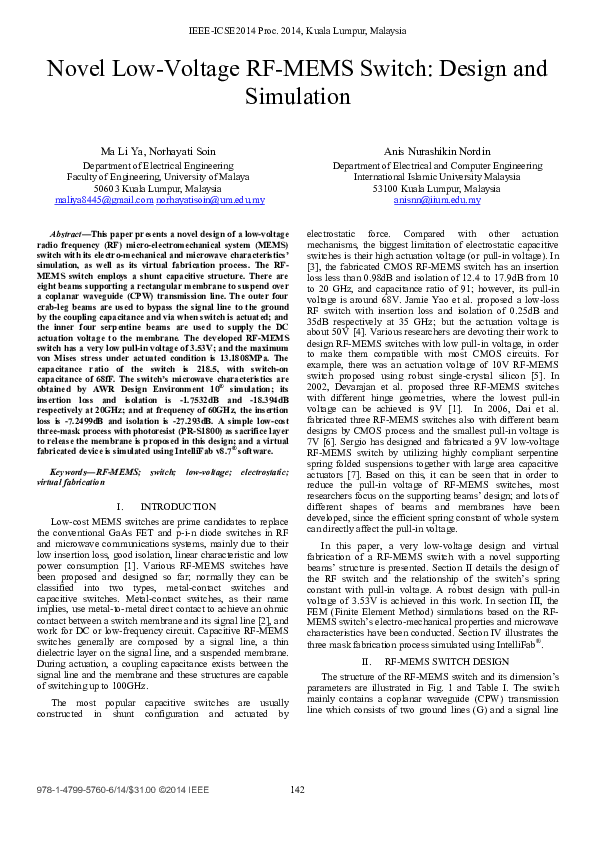 Pdf Novel Low Voltage Rf Mems Switch Design And Simulation Anis