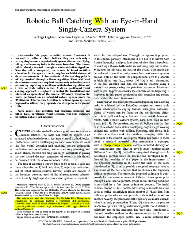 (PDF) Robotic Ball Catching with an Eye-in-Hand Single-Camera System