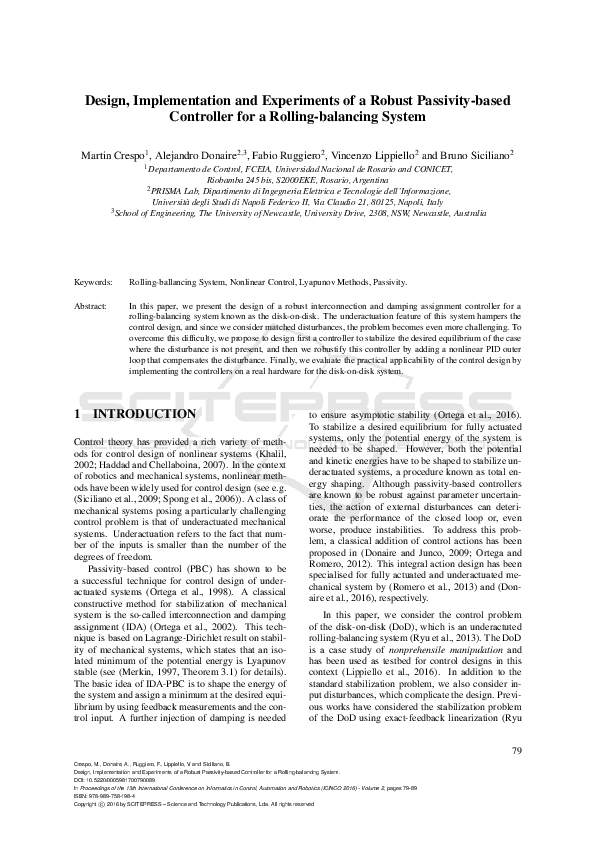 (PDF) Design, Implementation and Experiments of a Robust Passivity-based Controller for a ...