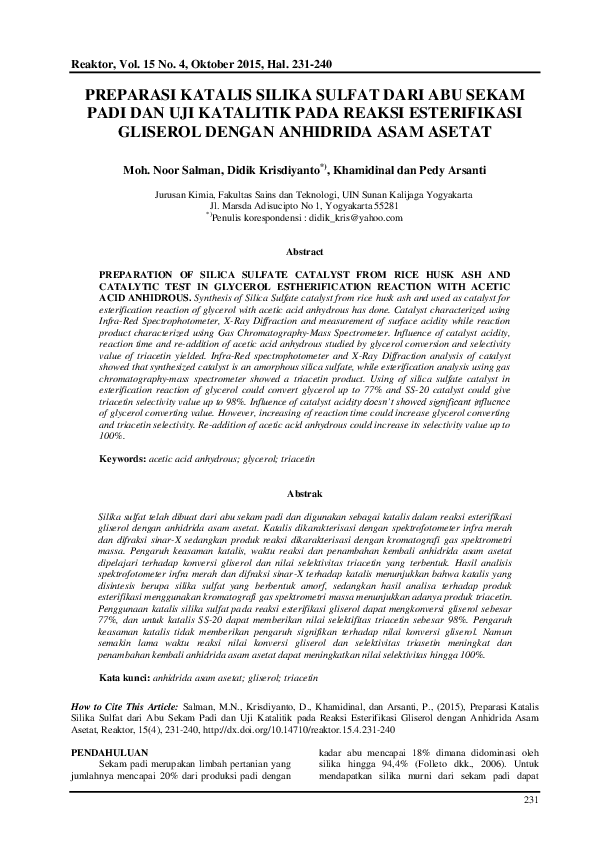 (PDF) Preparasi Katalis Silika Sulfat Dari Abu Sekam Padi Dan Uji ...