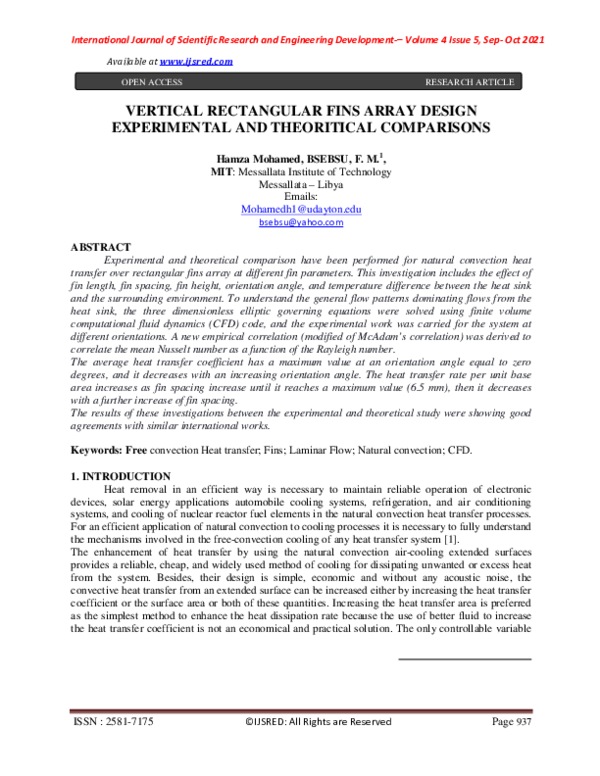 (PDF) VERTICAL RECTANGULAR FINS ARRAY DESIGN EXPERIMENTAL AND ...