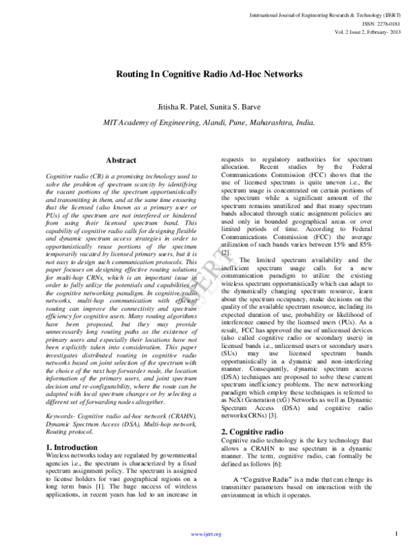 Pdf Routing In Cognitive Radio Ad Hoc Networks