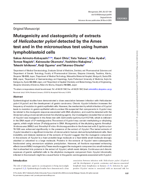 (PDF) Mutagenicity and clastogenicity of extracts of Helicobacter ...