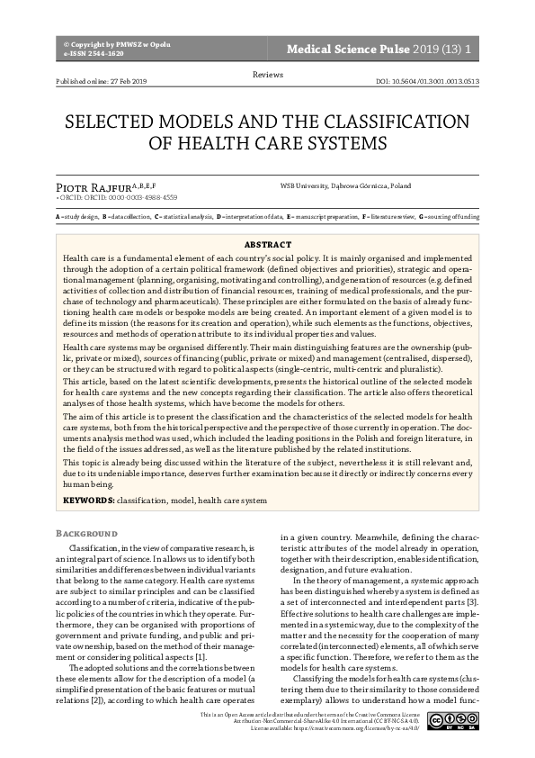 (PDF) Selected models and the classification of health care systems