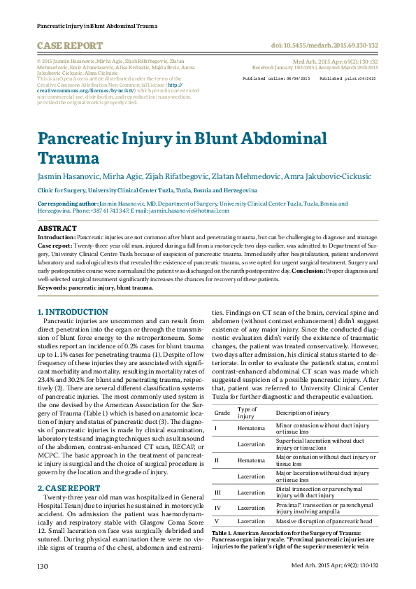 (PDF) Pancreatic Injury in Blunt Abdominal Trauma