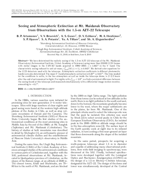 (PDF) Seeing and atmospheric extinction at Mt. Maidanak observatory ...