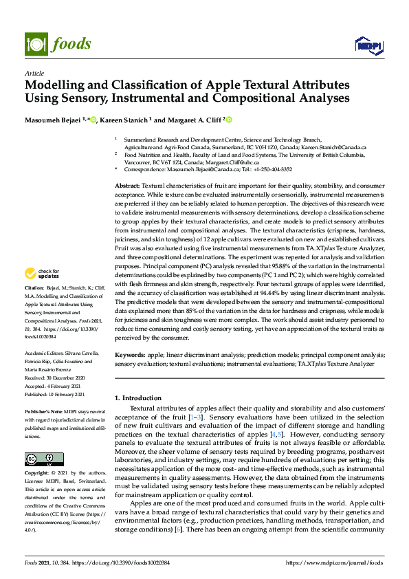 Pdf Modelling And Classification Of Apple Textural Attributes Using Sensory Instrumental And