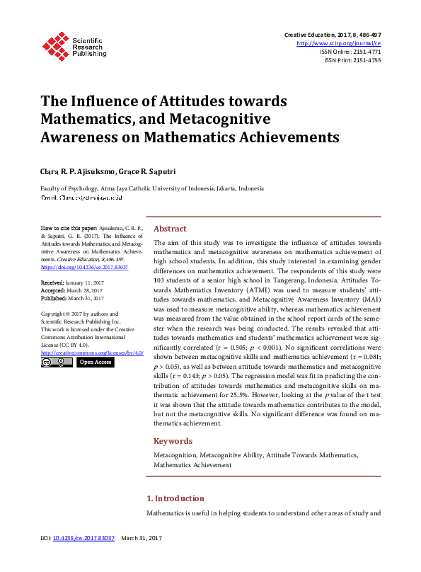 (PDF) The Influence of Attitudes towards Mathematics, and Metacognitive ...