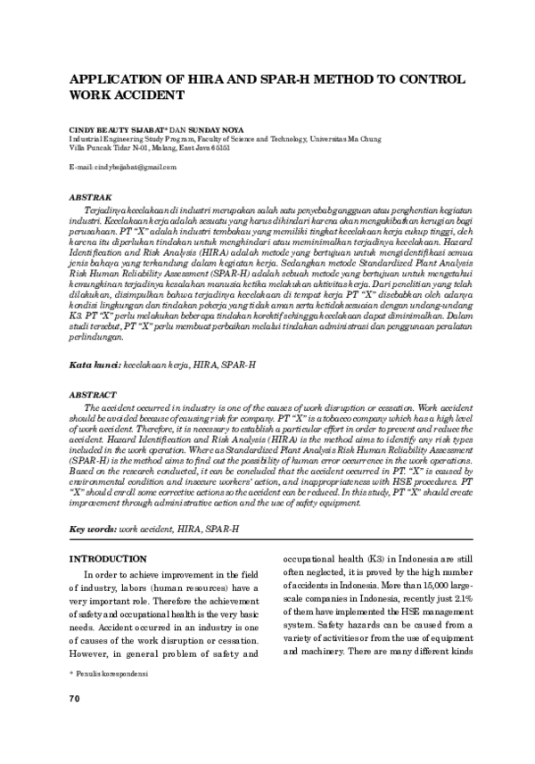 (PDF) Application of Hira and Spar-H Method to Control Work Accident