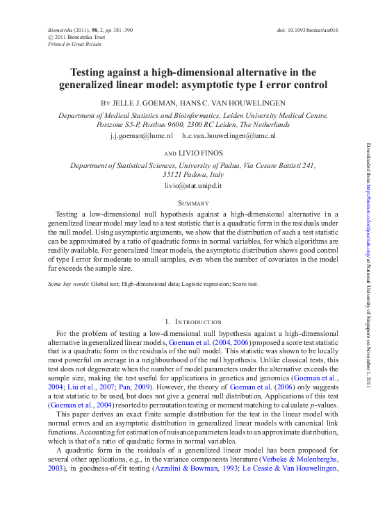 Pdf Testing Against A High Dimensional Alternative In The Generalized Linear Model Asymptotic