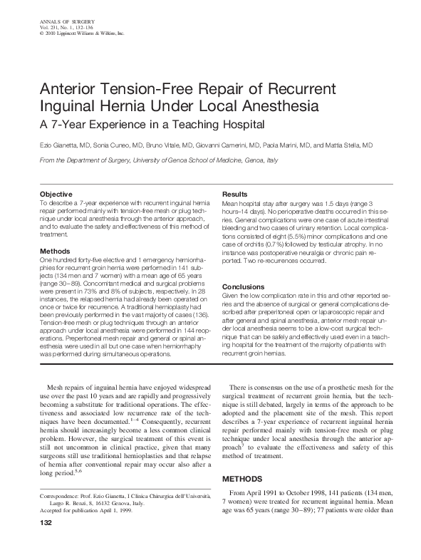 Anterior Tension-Free Repair of Recurrent Inguinal Hernia Under Local ...