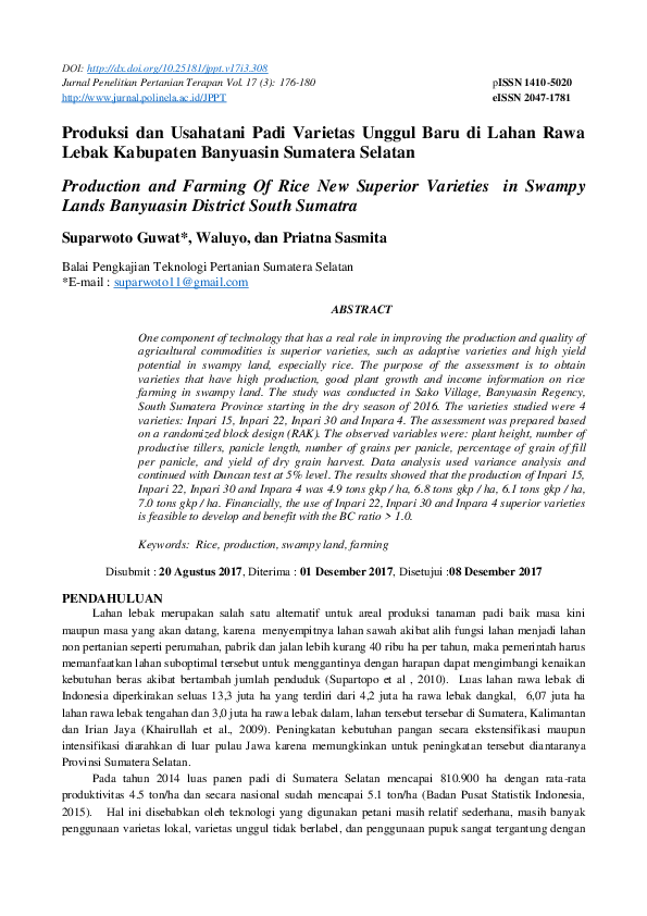 (PDF) Produksi dan Usahatani Padi Varietas Unggul Baru di Lahan Rawa ...