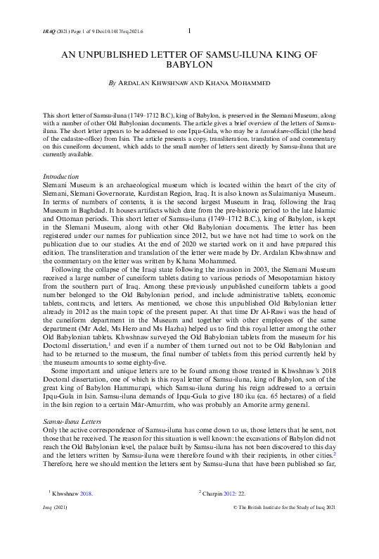 (PDF) AN UNPUBLISHED LETTER OF SAMSU-ILUNA KING OF BABYLON