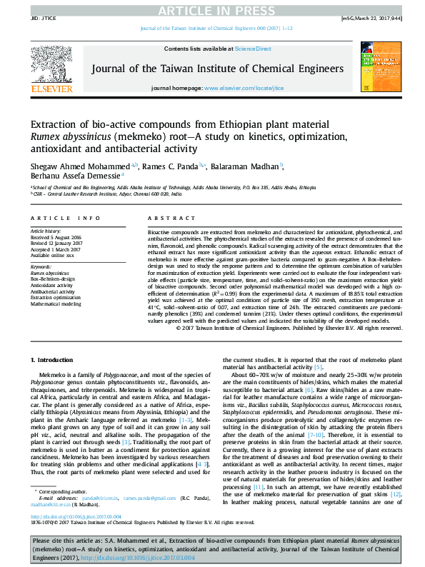 (PDF) Extraction of bio-active compounds from Ethiopian plant material ...