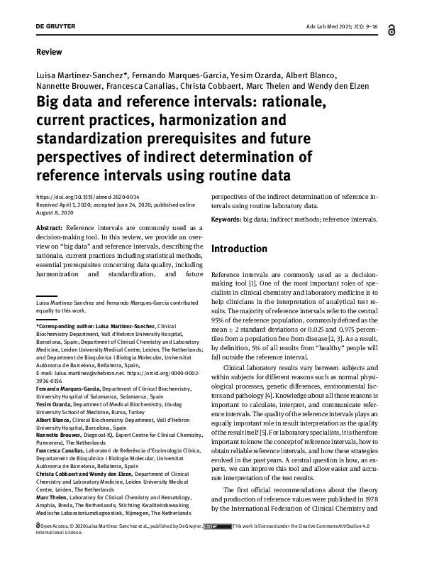 (PDF) Big data and reference intervals: rationale, current practices, harmonization and ...