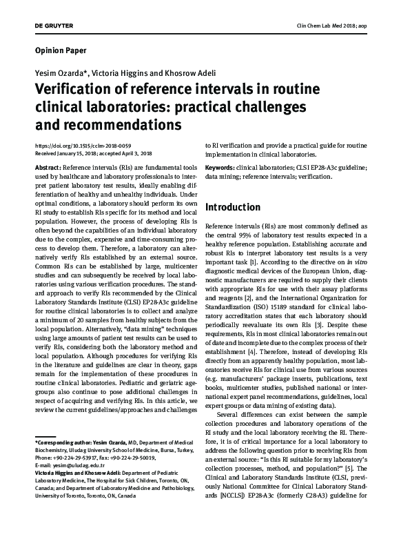 Pdf Verification Of Reference Intervals In Routine Clinical Laboratories Practical Challenges