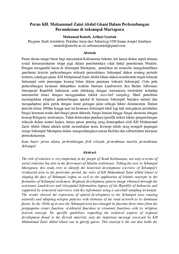 (PDF) Peran KH. Muhammad Zaini Abdul Ghani Dalam Perkembangan Permukiman di Sekumpul Martapura