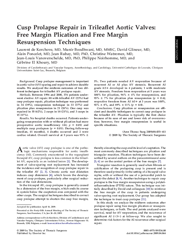 (PDF) Cusp Prolapse Repair in Trileaflet Aortic Valves: Free Margin ...