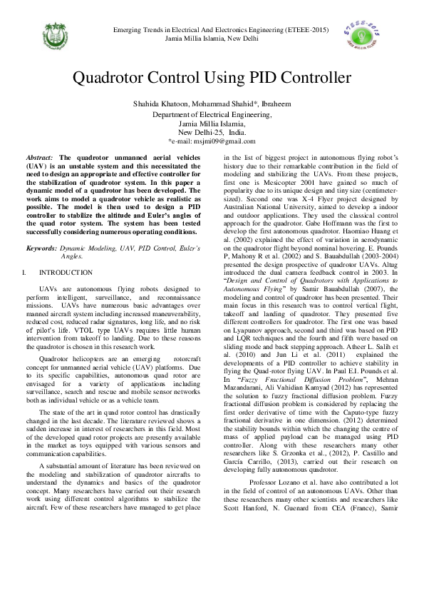 (PDF) Quadrotor Control Using PID Controller