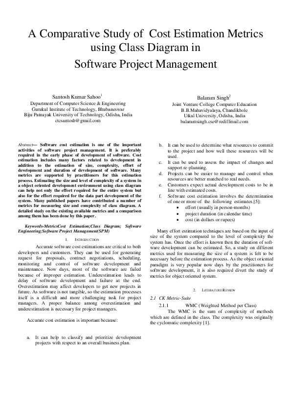 (PDF) A Comparative Study of Cost Estimation Metrics using Class ...