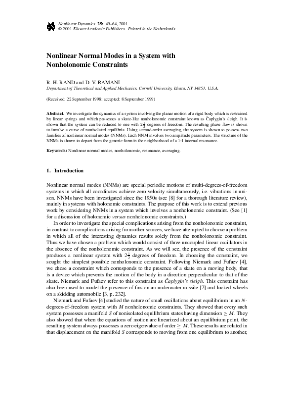 (PDF) Nonlinear Normal Modes with Nonholonomic Constraints
