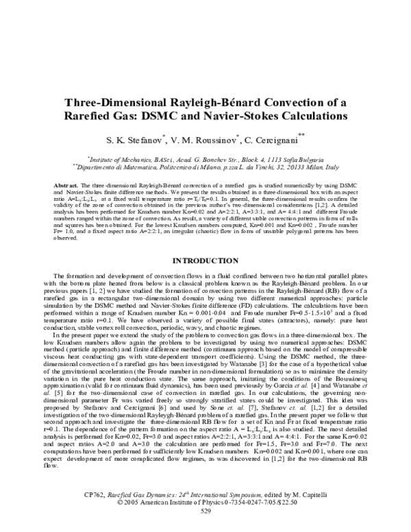 (PDF) Three-Dimensional Rayleigh-Bénard Convection of a Rarefied Gas: DSMC and Navier-Stokes ...