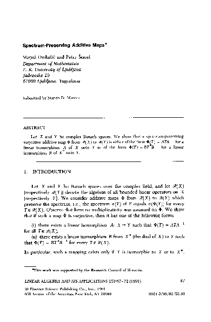 (PDF) Spectrum-preserving additive maps (PDF) Spectrum-preserving additive maps