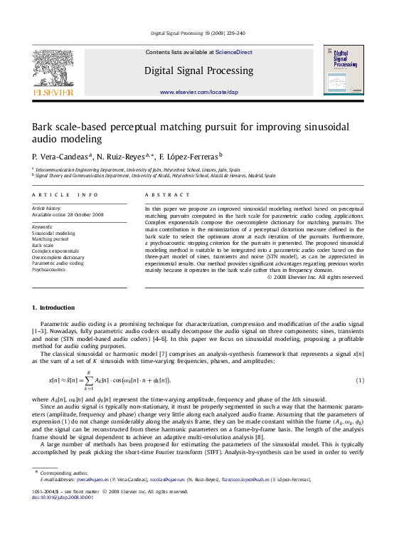 (PDF) Bark scale-based perceptual matching pursuit for improving sinusoidal audio modeling