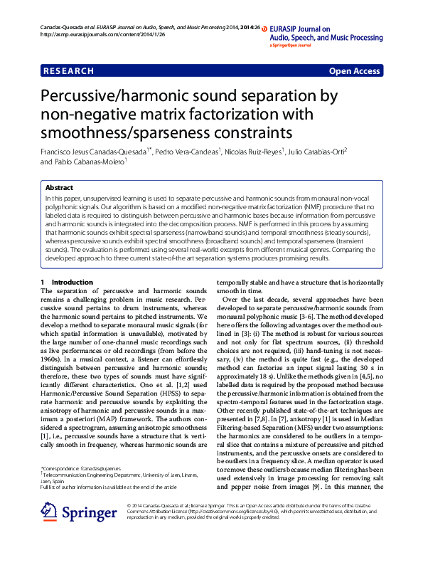 (PDF) Percussive/harmonic sound separation by non-negative matrix factorization with smoothness ...