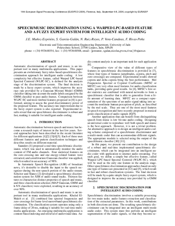 (PDF) Speech/Music Discrimination Using a Warped LPC-Based Feature and a Fuzzy Expert System for ...
