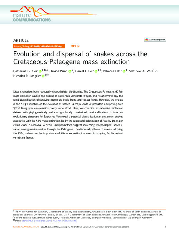 (PDF) Evolution and dispersal of snakes across the Cretaceous-Paleogene ...