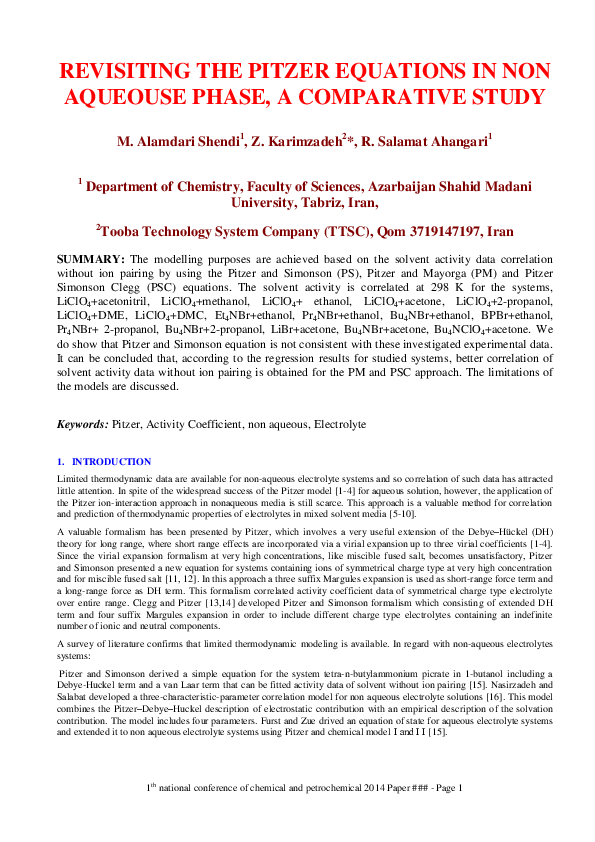 (PDF) Revisiting the Pitzer Equations in Non Aqueouse Phase, a ...