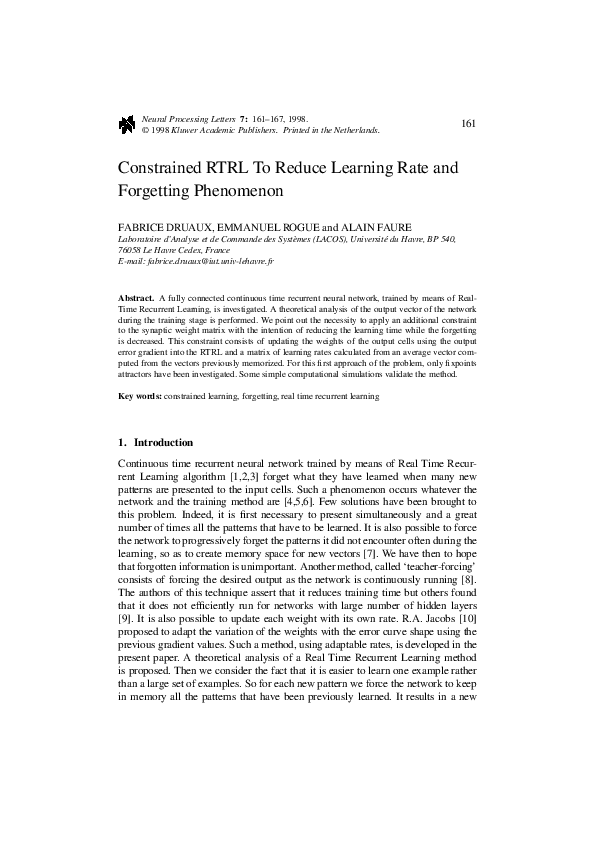 (PDF) Reducing Learning Rate and Forgetting in RTRL Networks