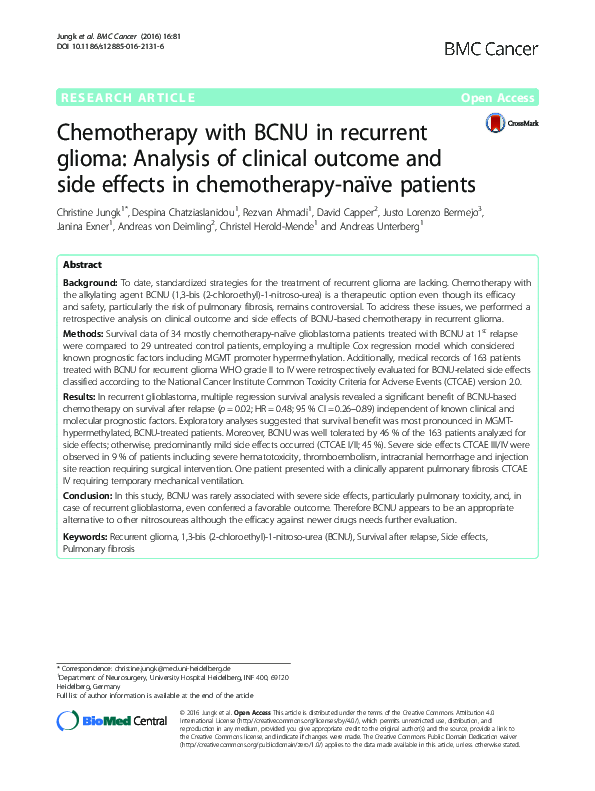 (PDF) Chemotherapy with BCNU in recurrent glioma: Analysis of clinical outcome and side effects ...