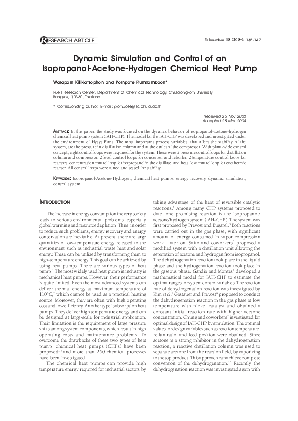 (PDF) Dynamic Simulation and Control of an Isopropanol-Acetone-Hydrogen ...