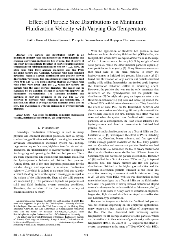 Pdf Effect Of Particle Size Distributions On Minimum Fluidization Velocity With Varying Gas