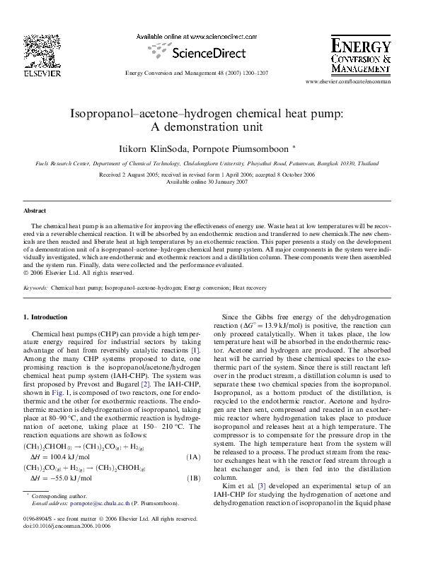 (PDF) Isopropanol–acetone–hydrogen chemical heat pump: A demonstration unit