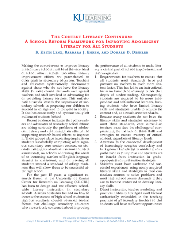 (PDF) The content literacy continuum: A school reform framework for ...