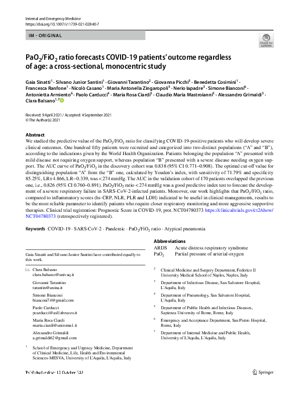 (PDF) PaO2/FiO2 ratio forecasts COVID-19 patients’ outcome regardless ...